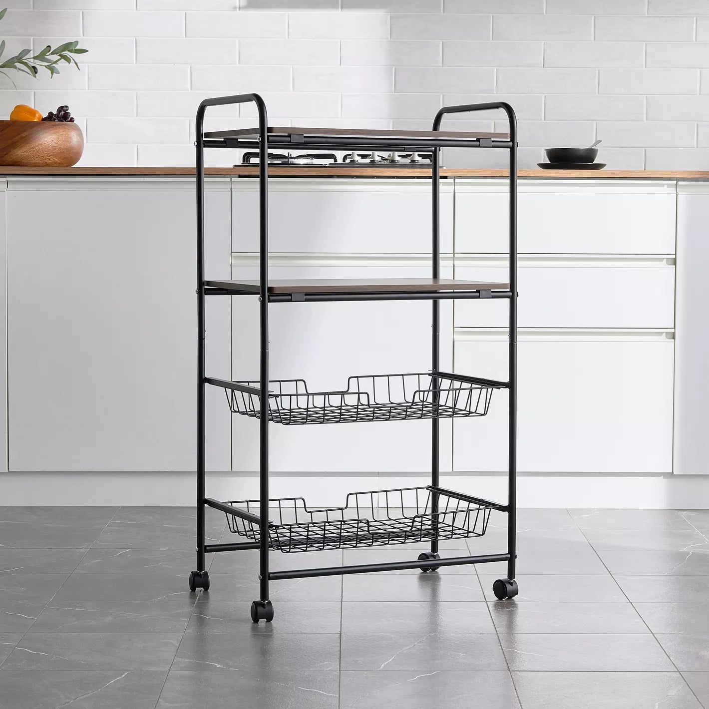 4-Tier Kitchen Trolley With Two Shelves And Two Mesh Baskets For Stora ...