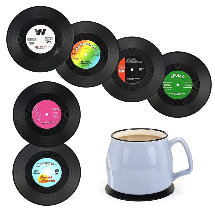 COOLBABY Pack of 6 Black CD Coasters, Retro Vinyl Coasters, Vintage Co
